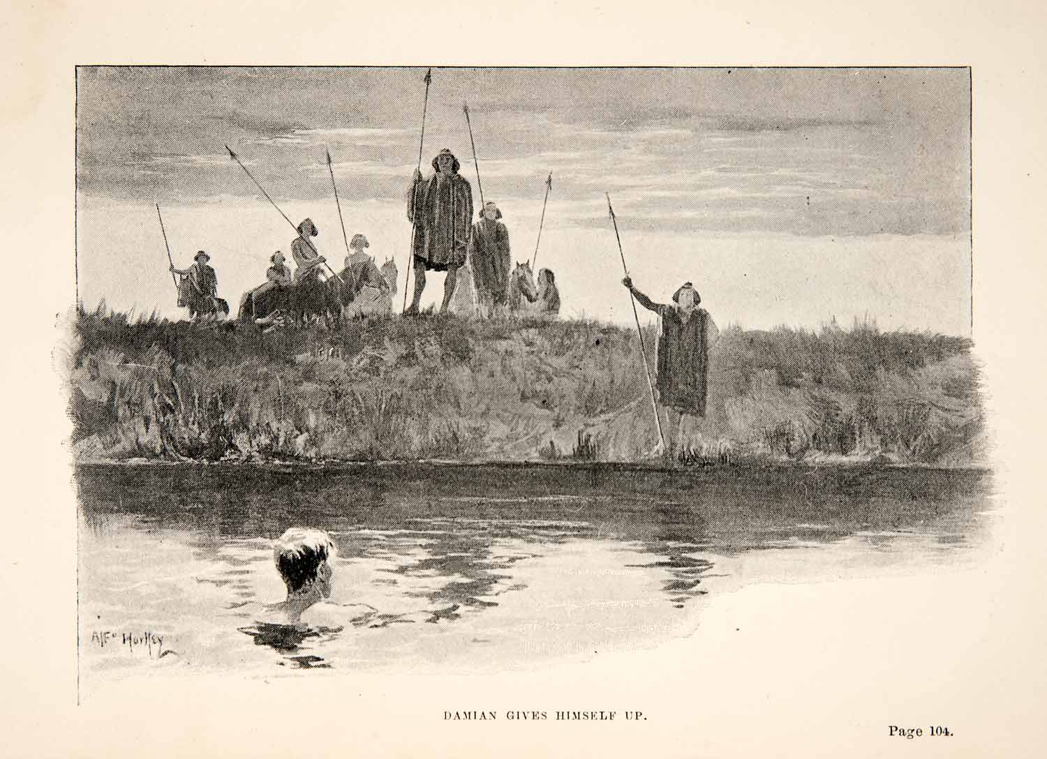 1893 Print Alfred Hartley Damian Gives Up River Swim Spear Horse River ...
