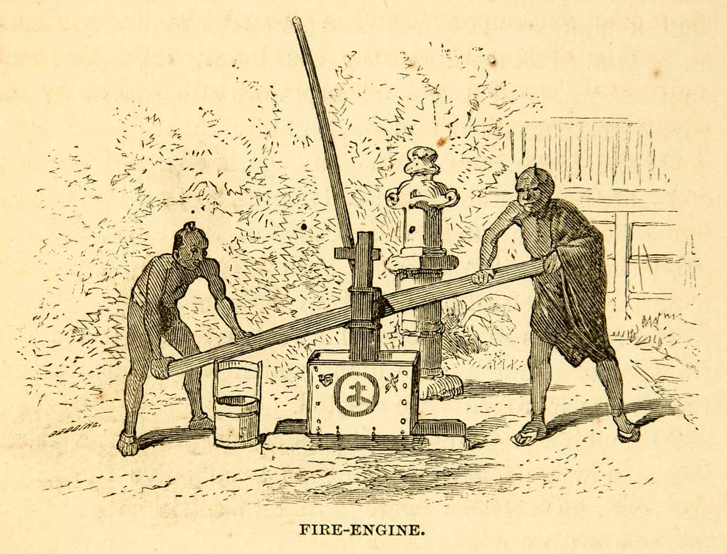 1869 Wood Engraving Fire Engine Water Pump Japanese Traditional Histor ...