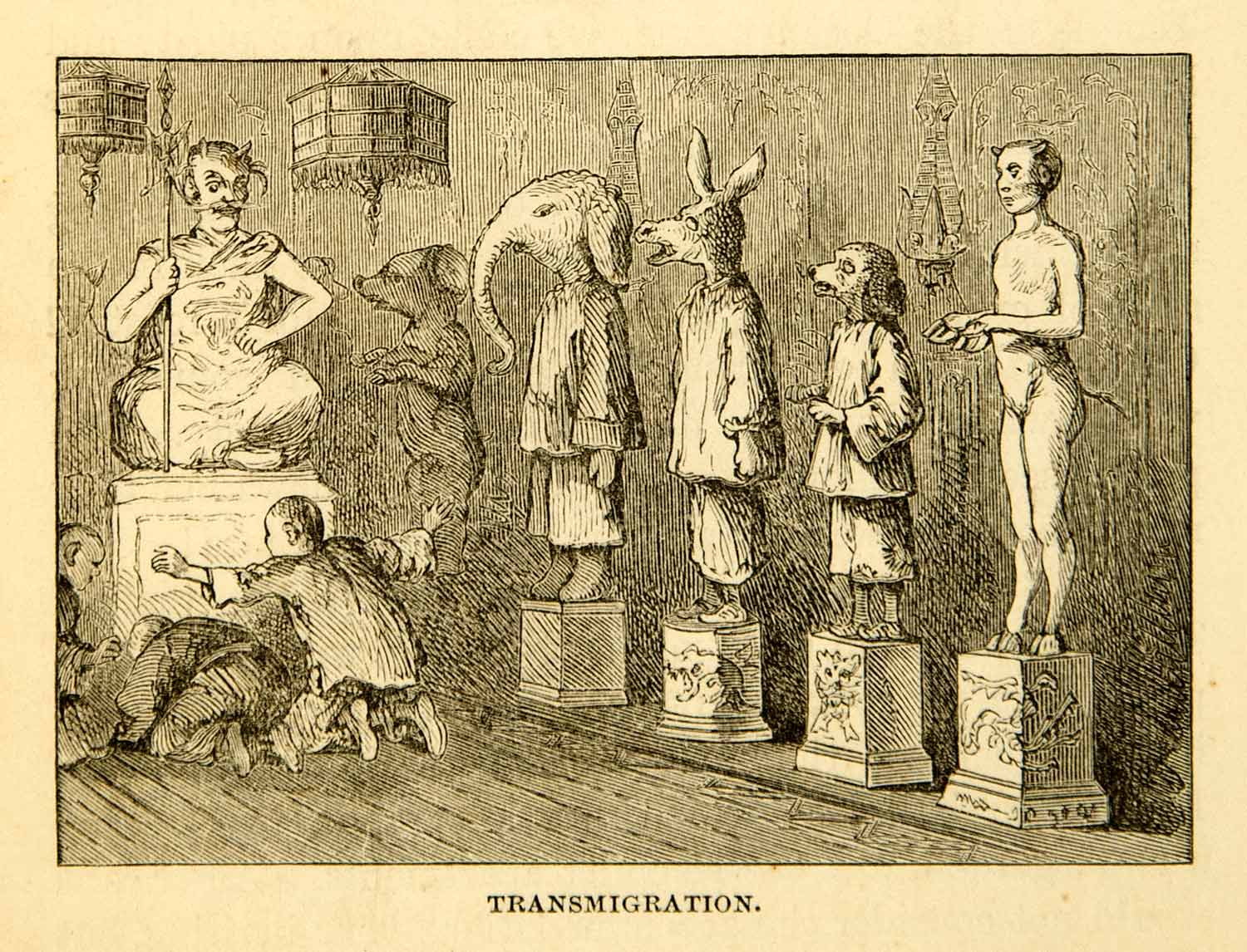 1869 Wood Engraving Transmigration Reincarnation Buddhist Temple Anima ...