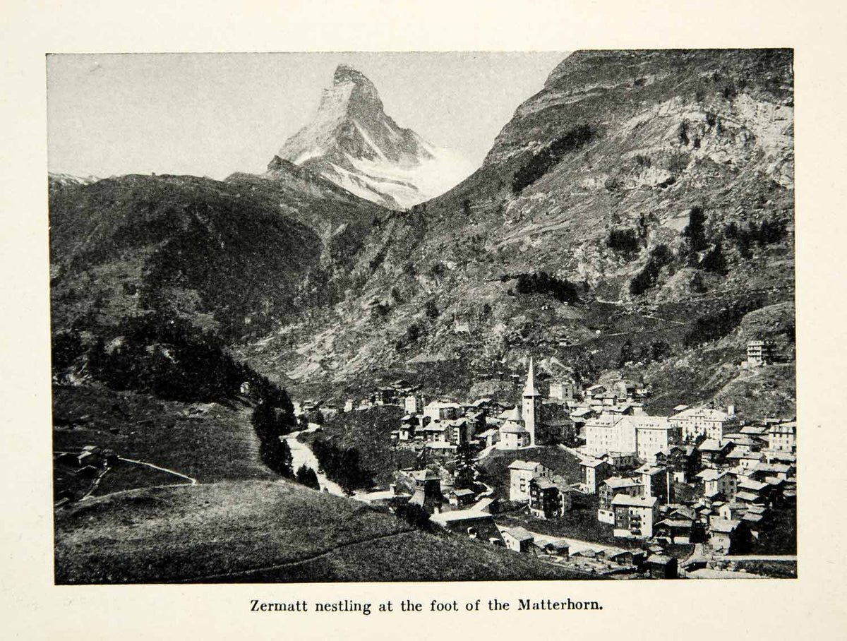 1947 Print Zermatt Matterhorn Visp Swiss Alps Cityscape Church Mountai ...
