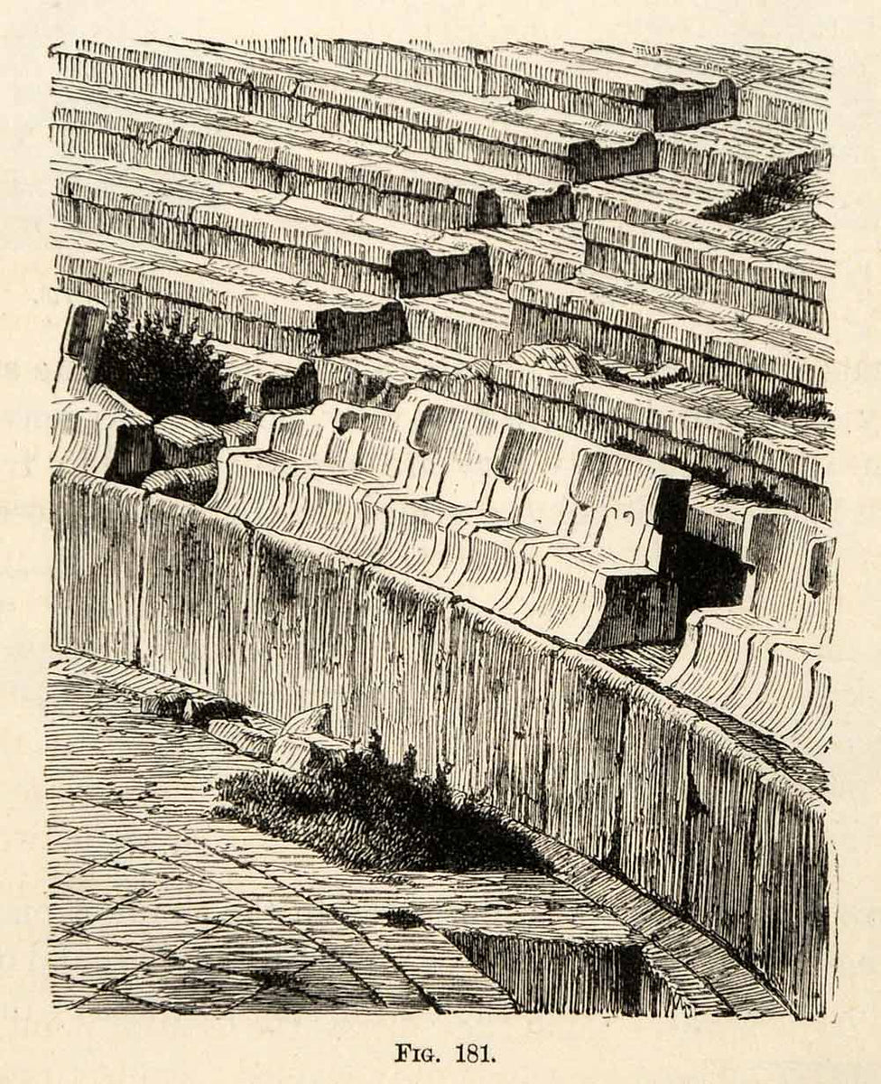 1876 Woodcut Sitting-steps Diazoma Theatre Dionysos Athens Greece Ruin ...