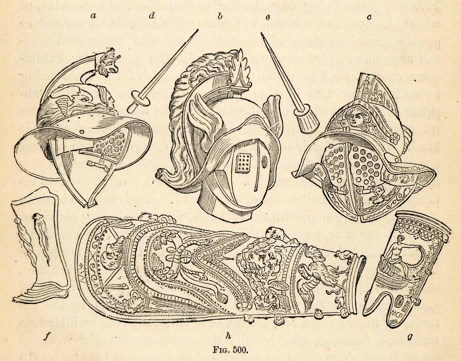 1876 Wood Engraving Roman Armor Gladiator Weapons Helmets Gauntlet Gre ...
