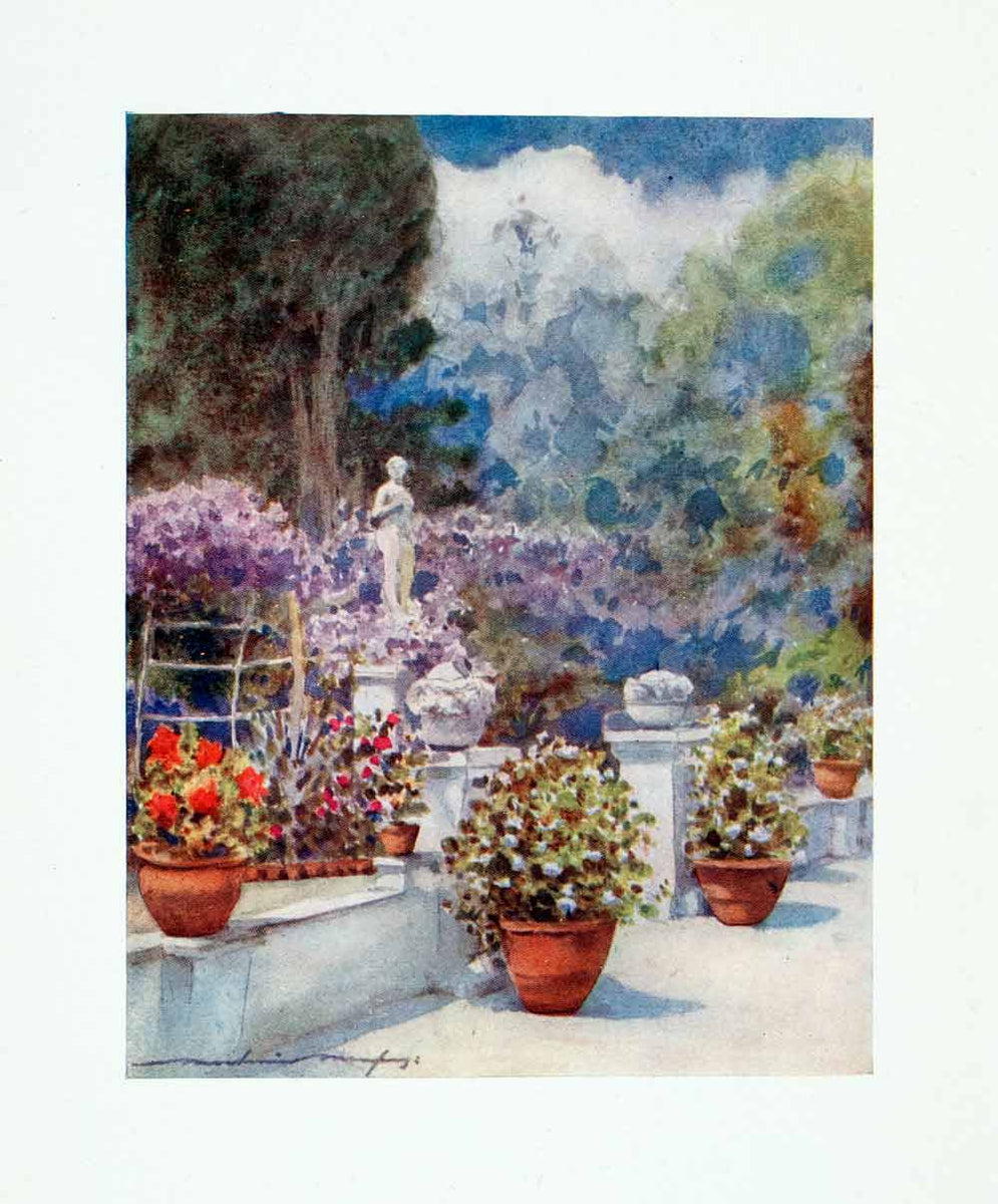 1912 Color Print Mrs. Edens Garden Flower Statue Venice Italy Mortimer ...