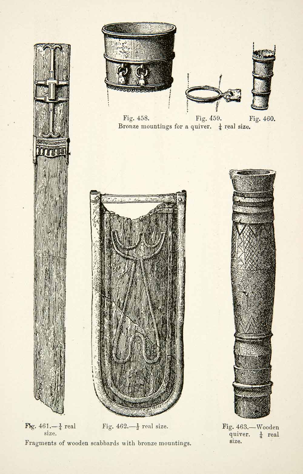 1889 Wood Engraving Wooden Scabbards Bronze Mountings Quiver Archaeolo ...