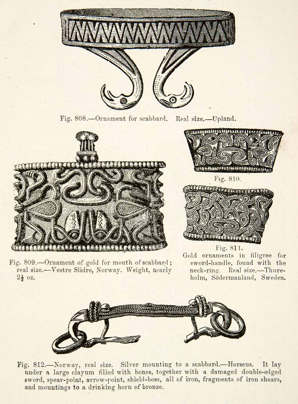 1889 Wood Engraving Sword Ornament Scabbard Gold Mouth Filigree Handle ...