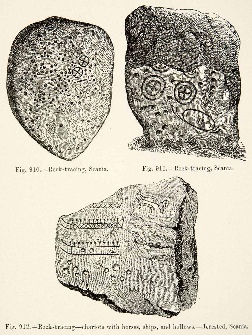 1889 Wood Engraving Rock Tracing Scania Chariots Horses Ships Hollows ...