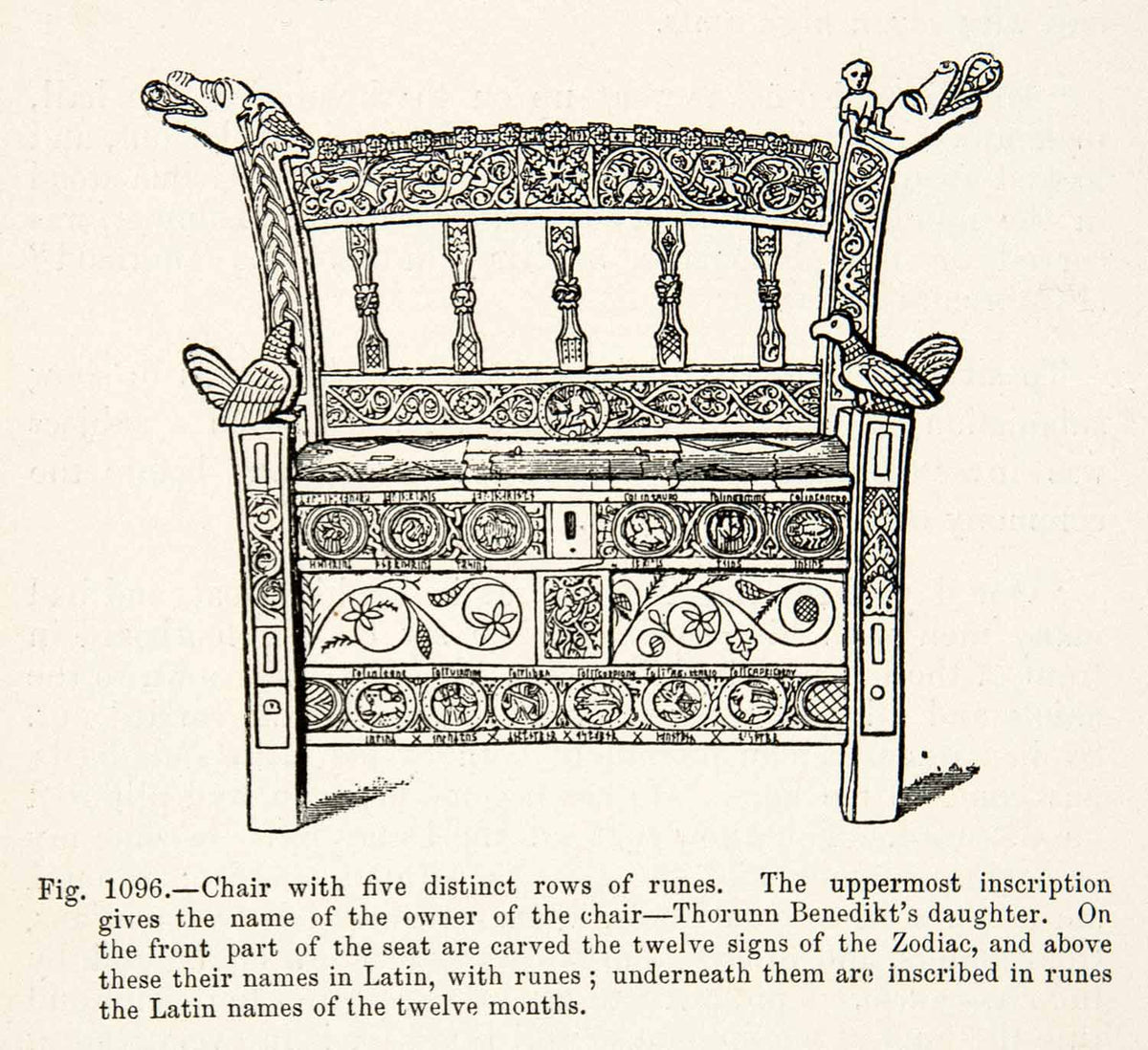 1889 Wood Engraving Chair Runes Inscription Thorunn Benedikt Zodiac La ...