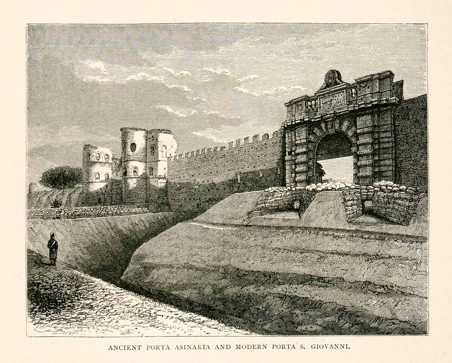 1876 Wood Engraving Aurellian Walls Rome Italy Porta San Giovanni Asin ...