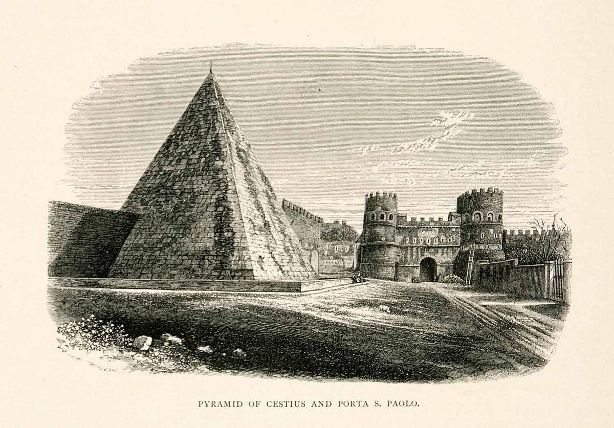 1876 Wood Engraving Pyramid Cestius Porta San Paolo Aurellian Wall Via ...