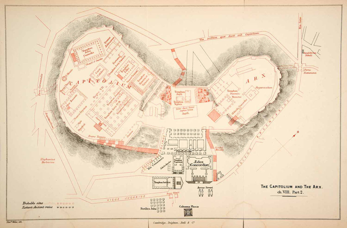 1876 Lithograph Capitoline Hill Capitolium Arx Rome Roman Probable Sit ...