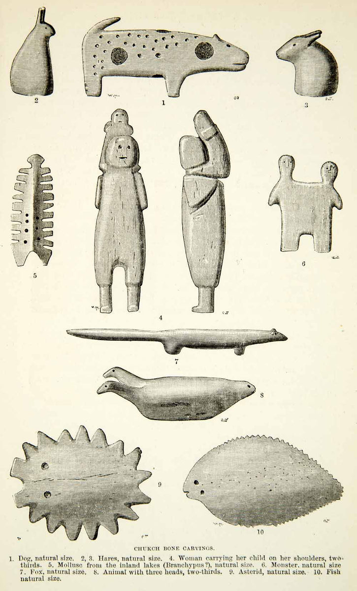 1882 Wood Engraving Art Chukchi Native Animal Bone Carvings Dog Hare W ...