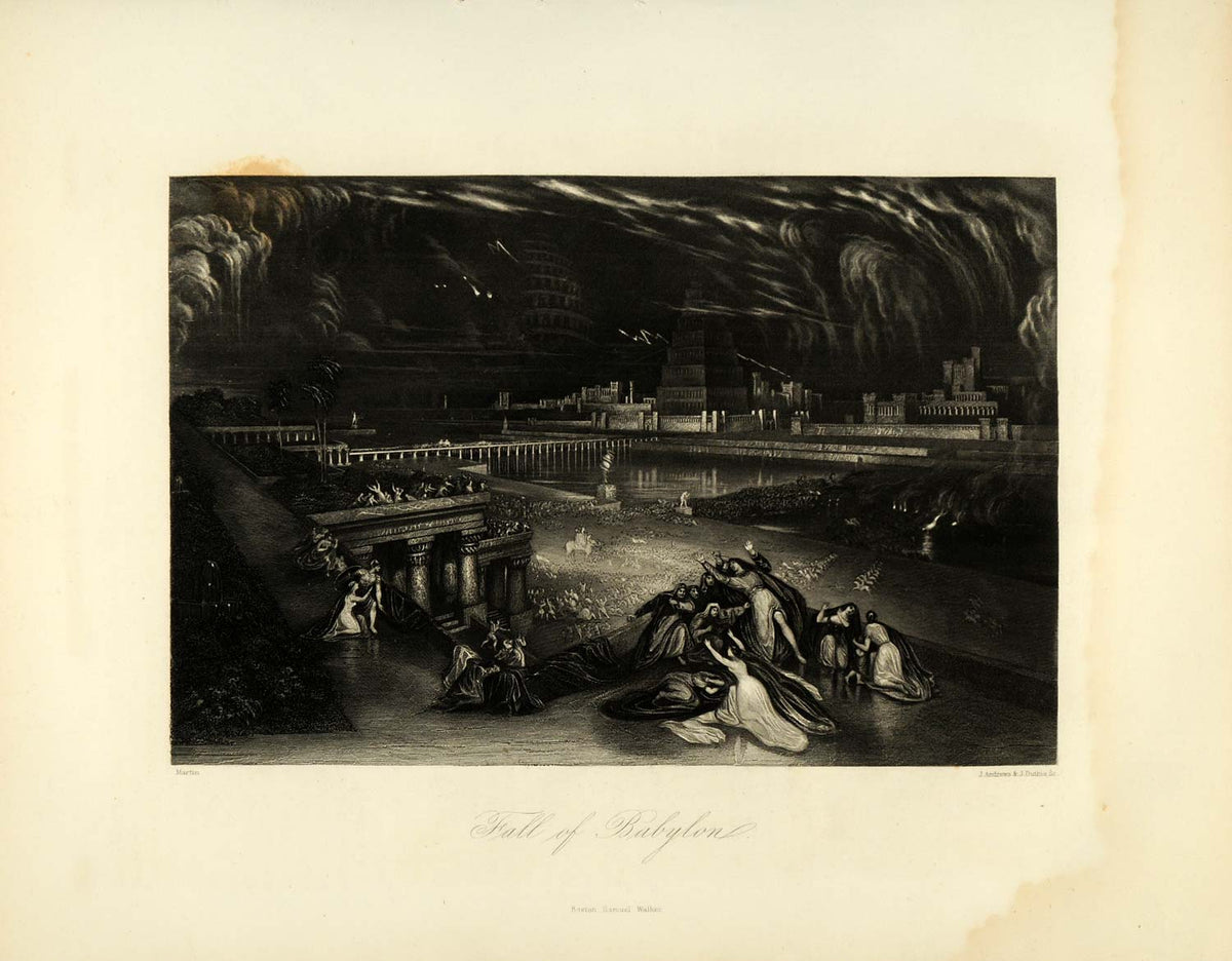 1849 Copper Engraving Fall Babylon Samuel Walker Tower Babel Destructi ...