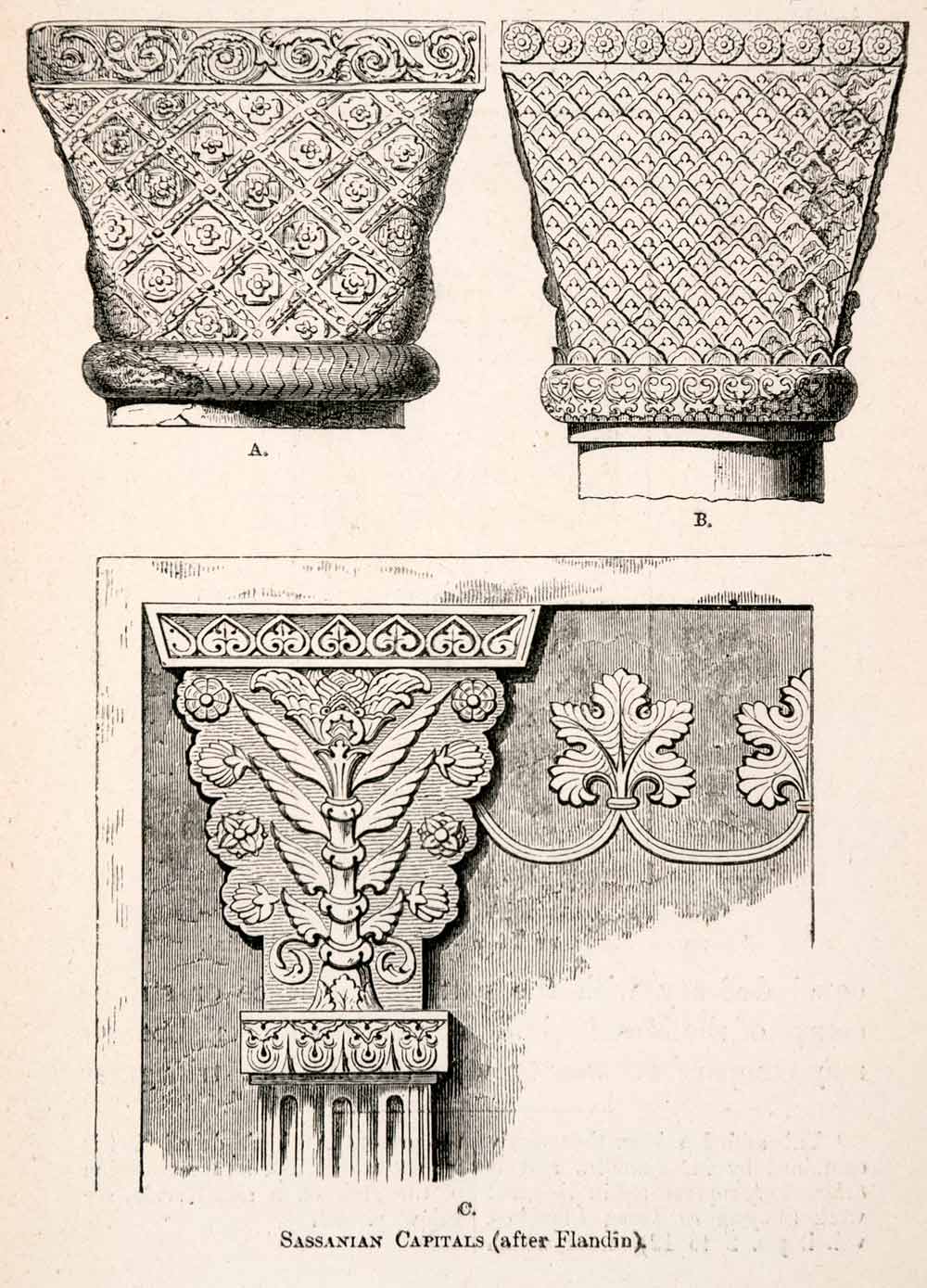 1876 Wood Engraving Capitals Pillars Columns Sassanian Empire Persia I ...