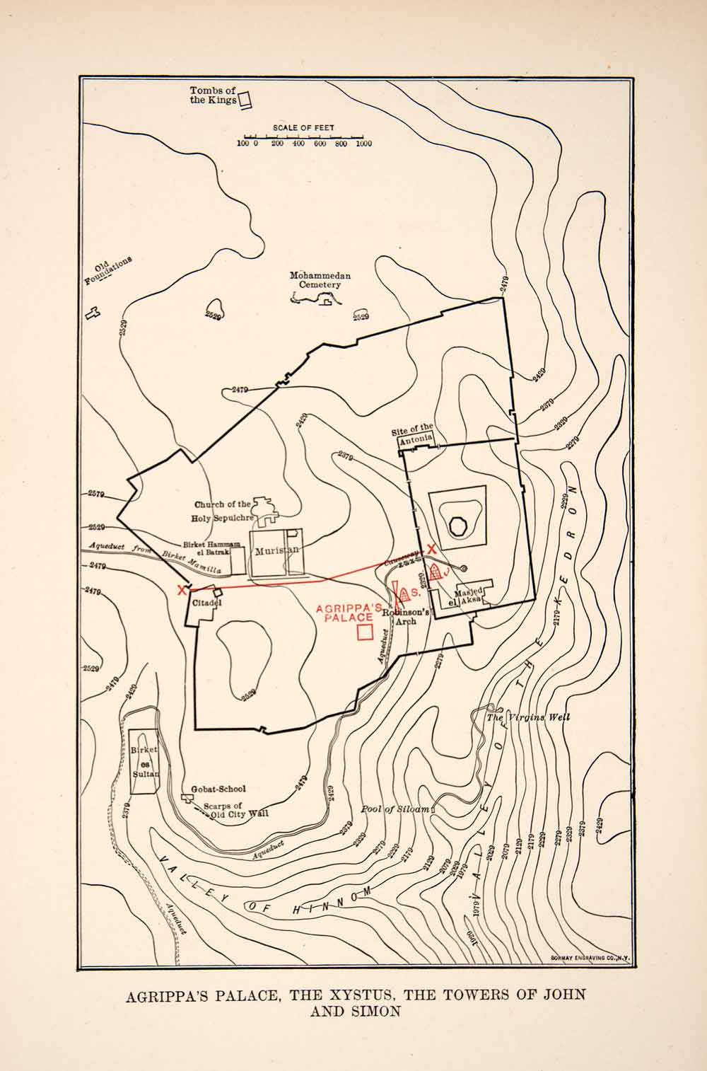 1908 Print Agrippa Palace Jerusalem Map Xystus John Simon Tower Israel ...
