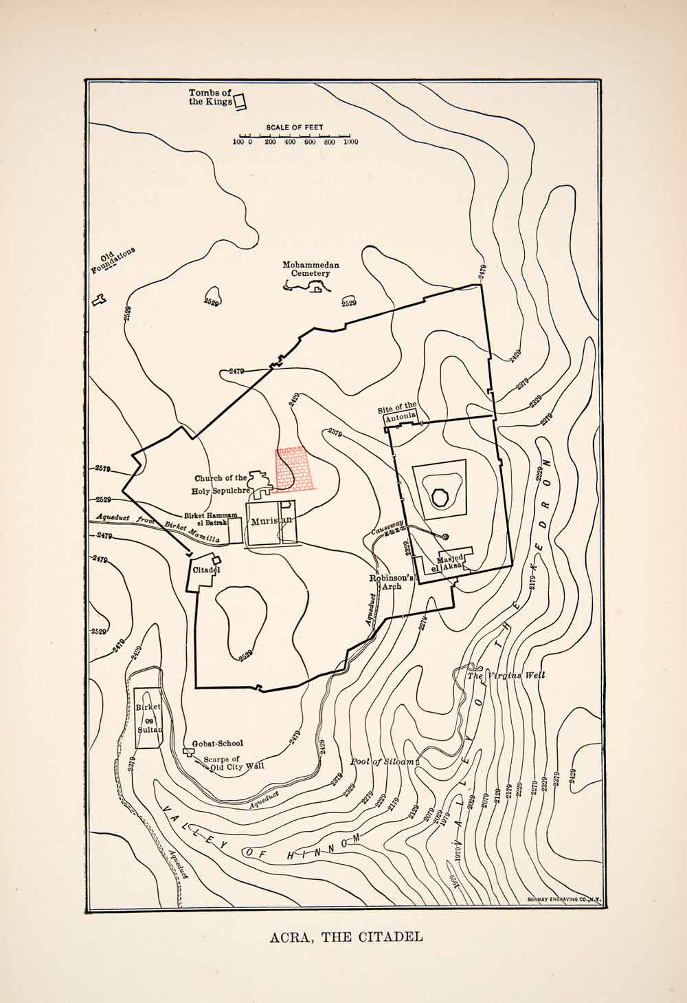 1908 Print Acra Jerusalem Hinnom Kidron Map Elevation Antonia Gobat Is ...