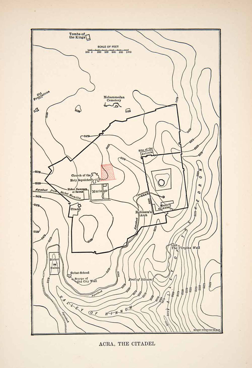 1908 Print Acra Jerusalem Hinnom Kidron Map Elevation Antonia Gobat Is ...