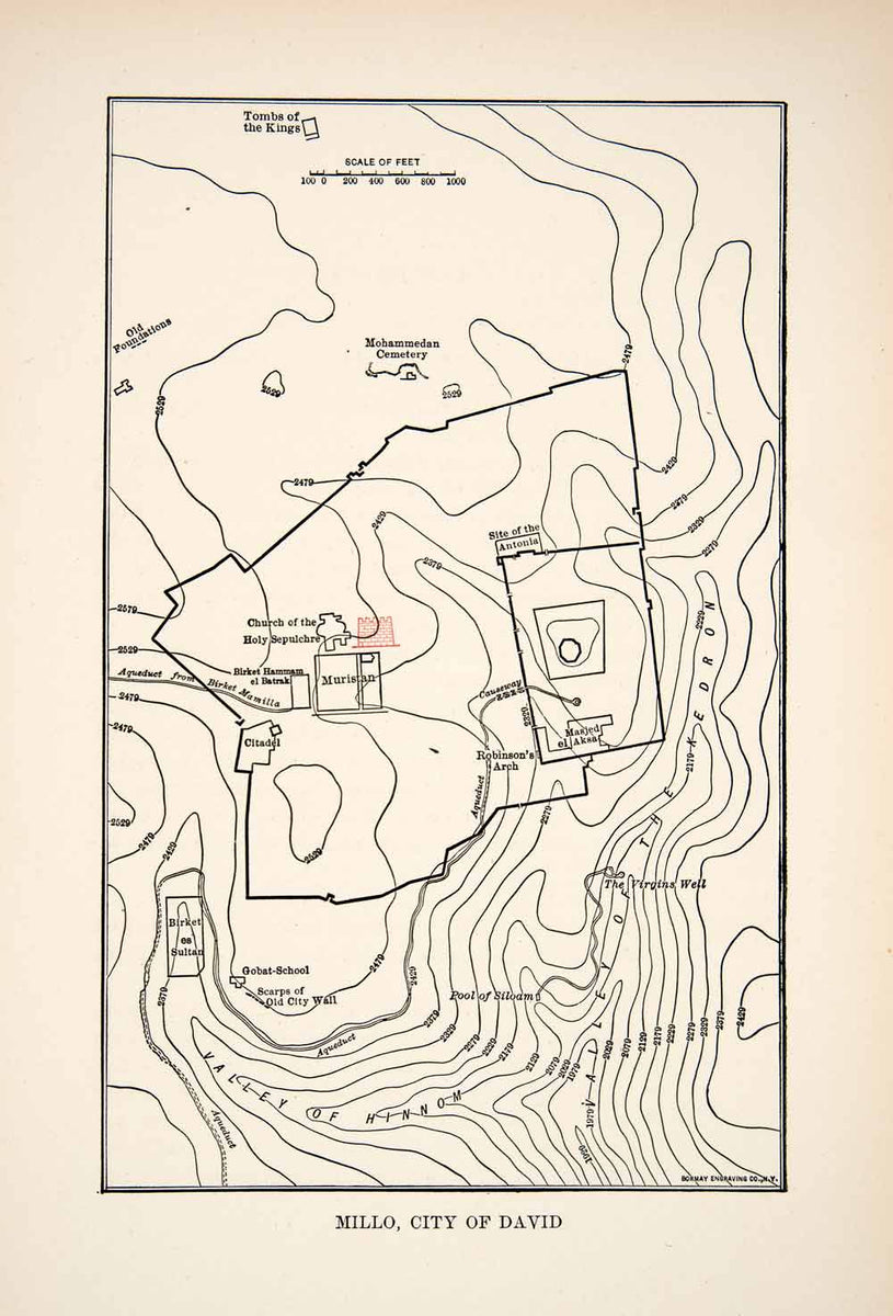 1908 Print Millo City David Jerusalem Hinnom Kidron Muristan Gobat Map ...
