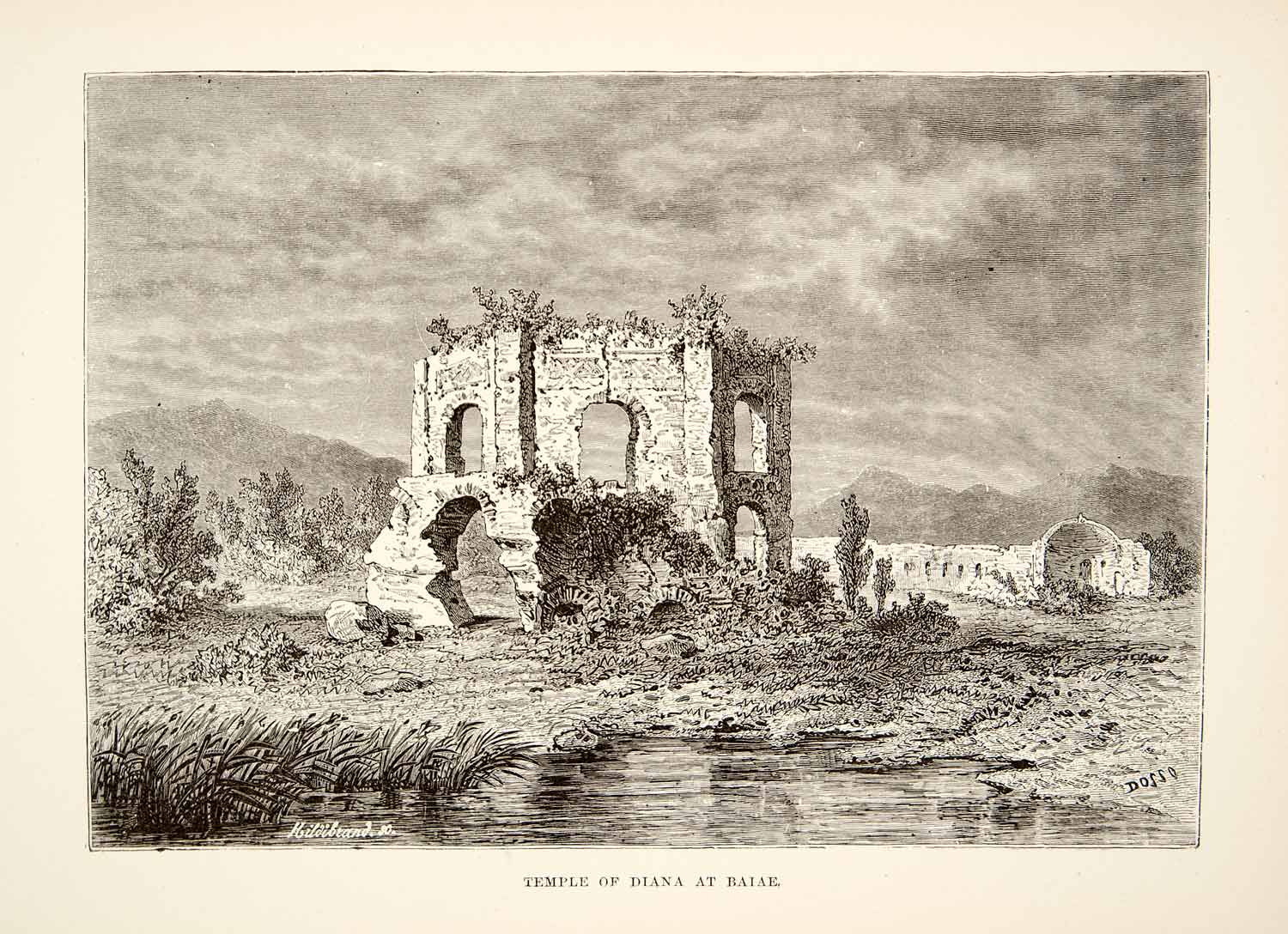 1890 Wood Engraving Ancient Roman Dome Temple Diana Baiae Rome Italy X ...