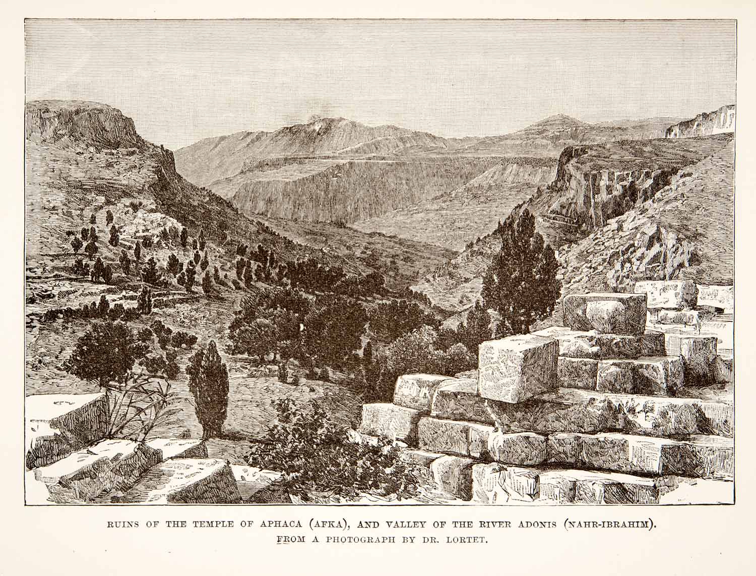 1890 Wood Engraving (Photoxylograph) Roman Ruins Temple Apheca Lebanon ...