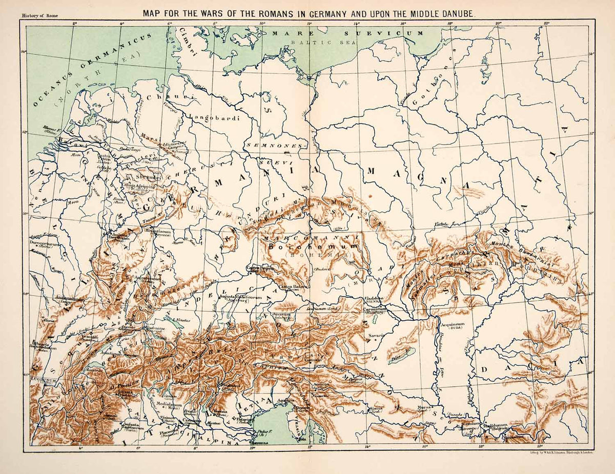 1890 Lithograph Roman Empire Germany Danube War Map Alps Europe Cimbri ...