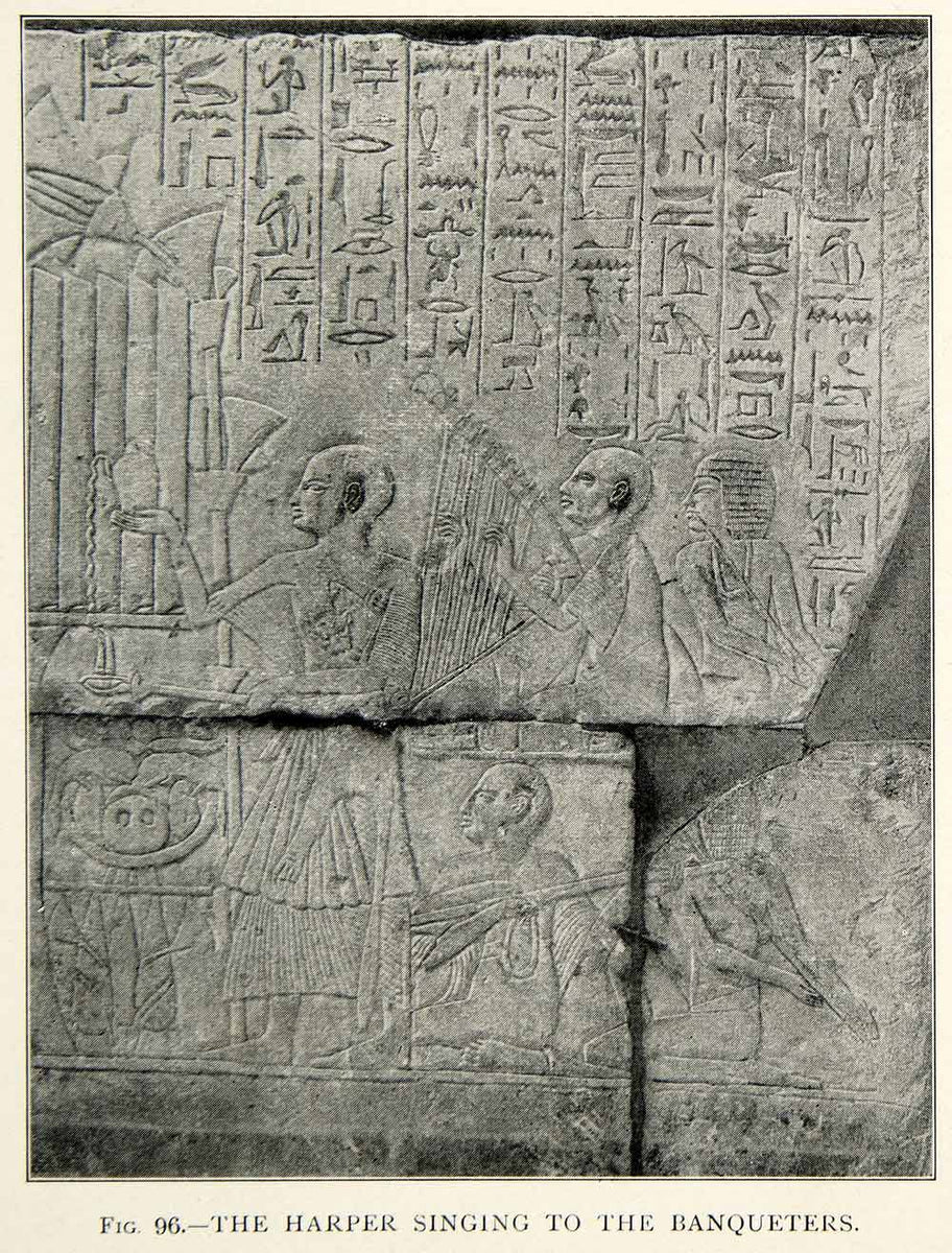 1909 Print Relief Carving Harper Hieroglyphics Profile Musician Instru ...