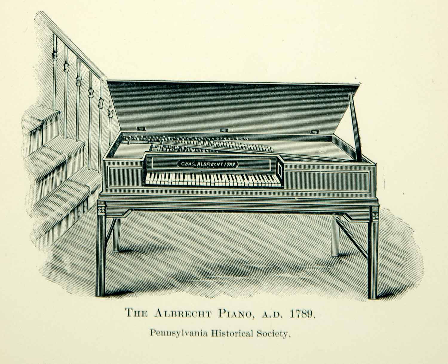 1890 Wood Engraving Art Charles Albrecht Piano Musical Instrument 18th ...