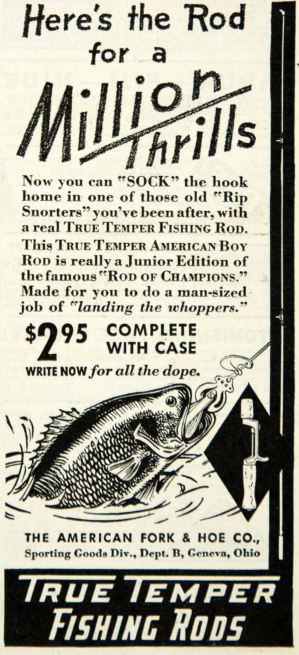 1936 Ad True Temper Fishing Rod American Fork Hoe Geneva OH Million Th ...