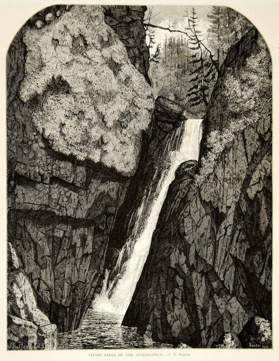 1873 Wood Engraving Frederick T Vance Art Flume Falls Opalescence YALD ...