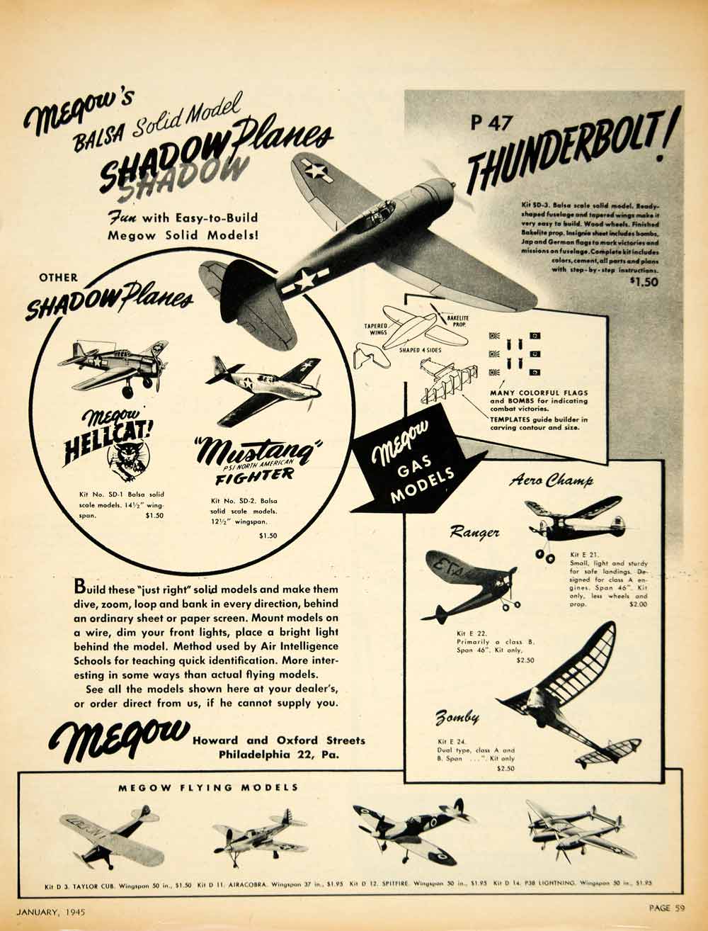 1945 Ad Megow P-47 Thunderbolt WWII Model Airplane Hellcat P-51 Mustan ...