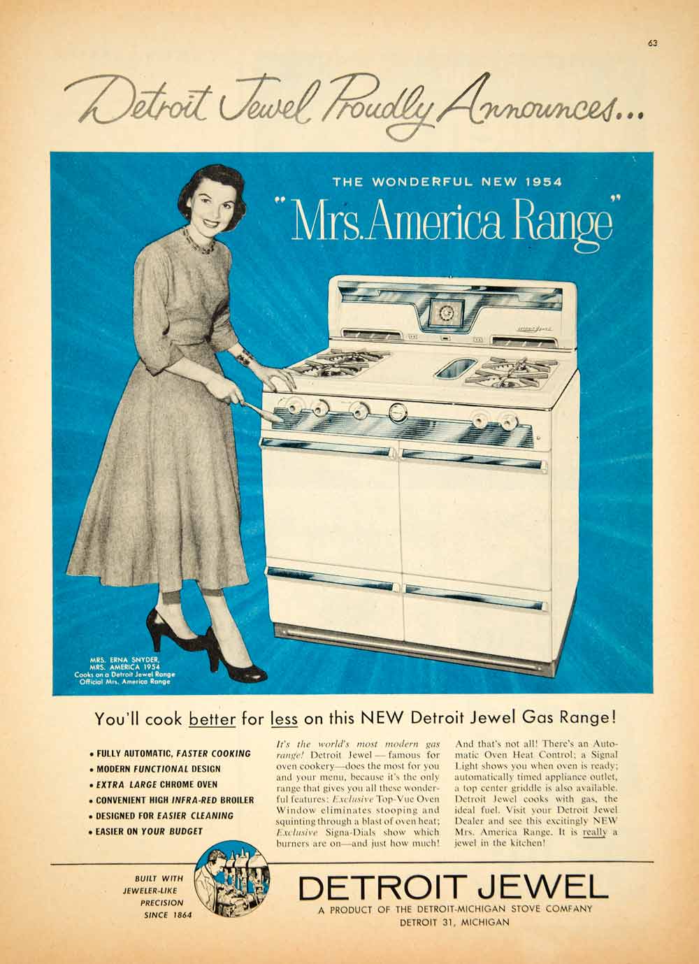 1954 Ad Detroit Jewel Gas Range Oven Kitchen Appliance Erna Snyder Mrs ...