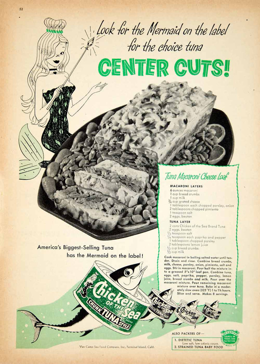 1954 Ad Chicken Of The Sea Tuna Fish Canned Mermaid Macaroni Cheese Lo ...