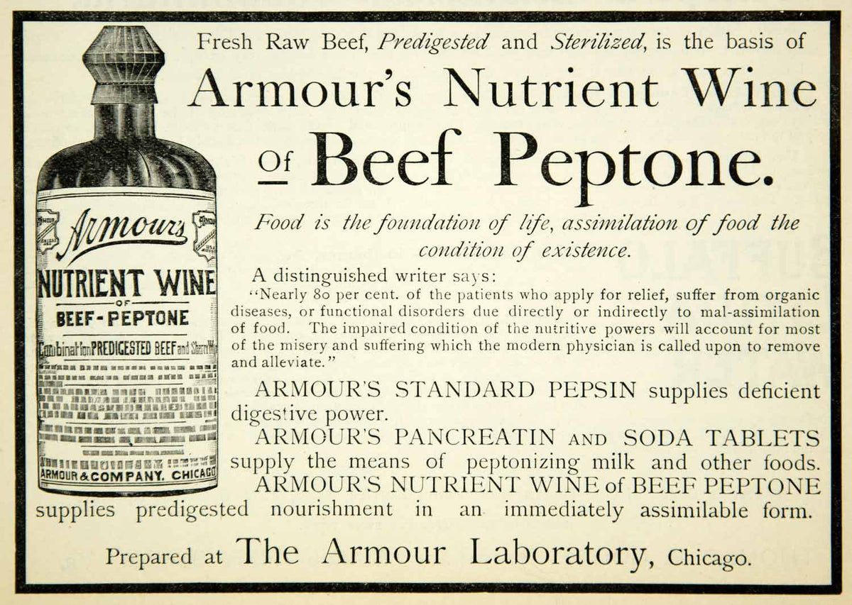 1894 Ad Armour Laboratory Bottle Nutrient Wine Beef Peptone Chicago IL ...