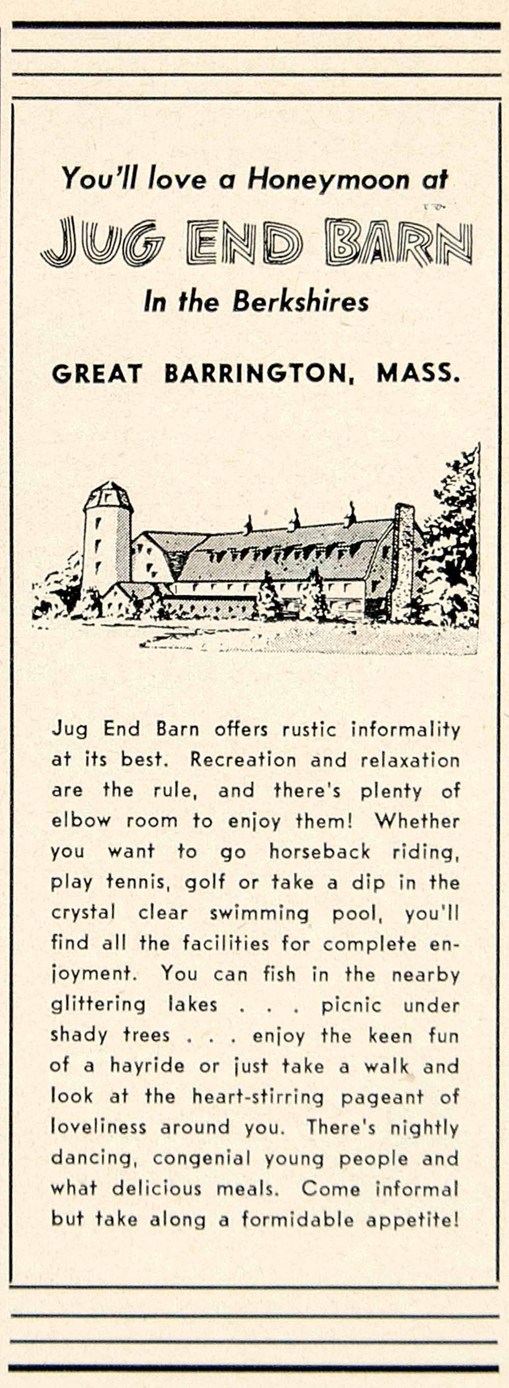 1956 Ad Jug End Barn Hotel Resort Honeymoon Great Barrington MA Travel ...
