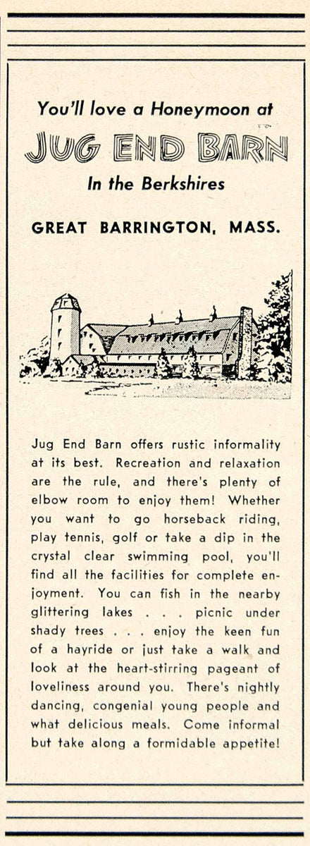 1956 Ad Jug End Barn Hotel Resort Honeymoon Great Barrington MA Travel ...