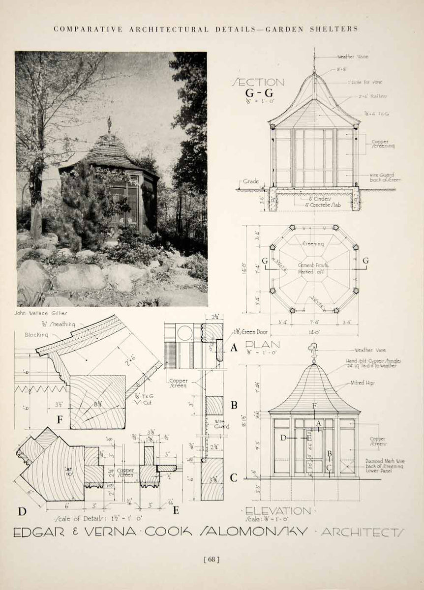 1937 Print Edgar Verna Cook Salomonsky Garden Shelter Gazebo Elevation ...