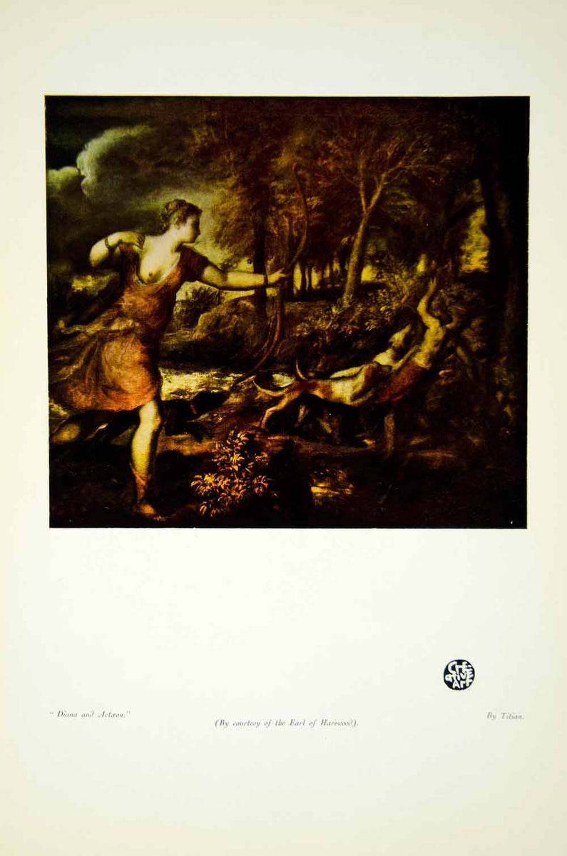 1930 Photolithograph Diana Actaeon Breast Huntress Hounds Titian Godde ...