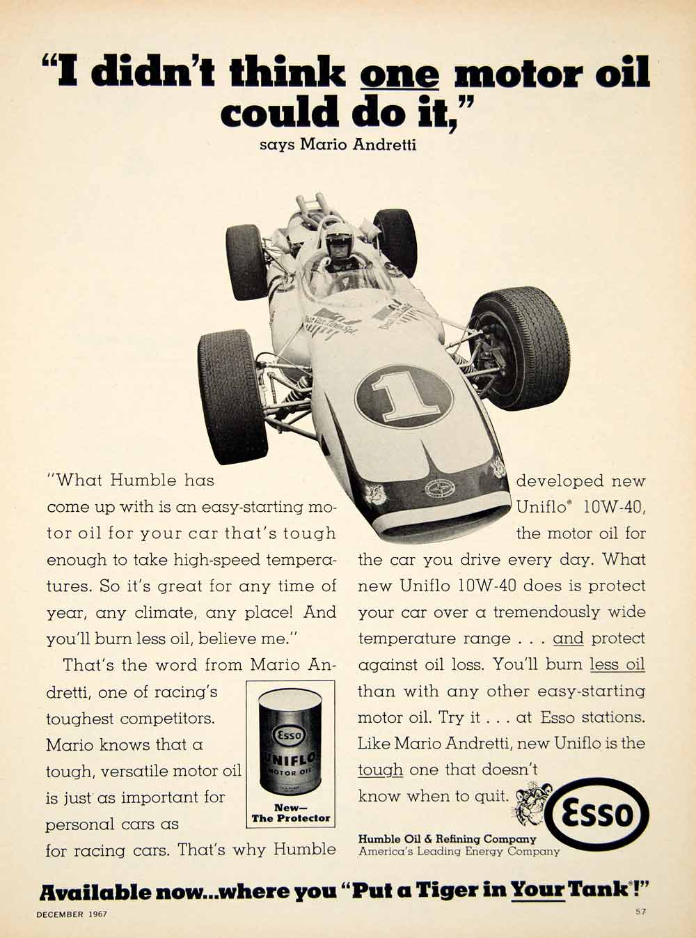 1967 Ad Esso Uniflo Motor Oil 10W-40 Tiger Mario Andretti Race Car Dri ...