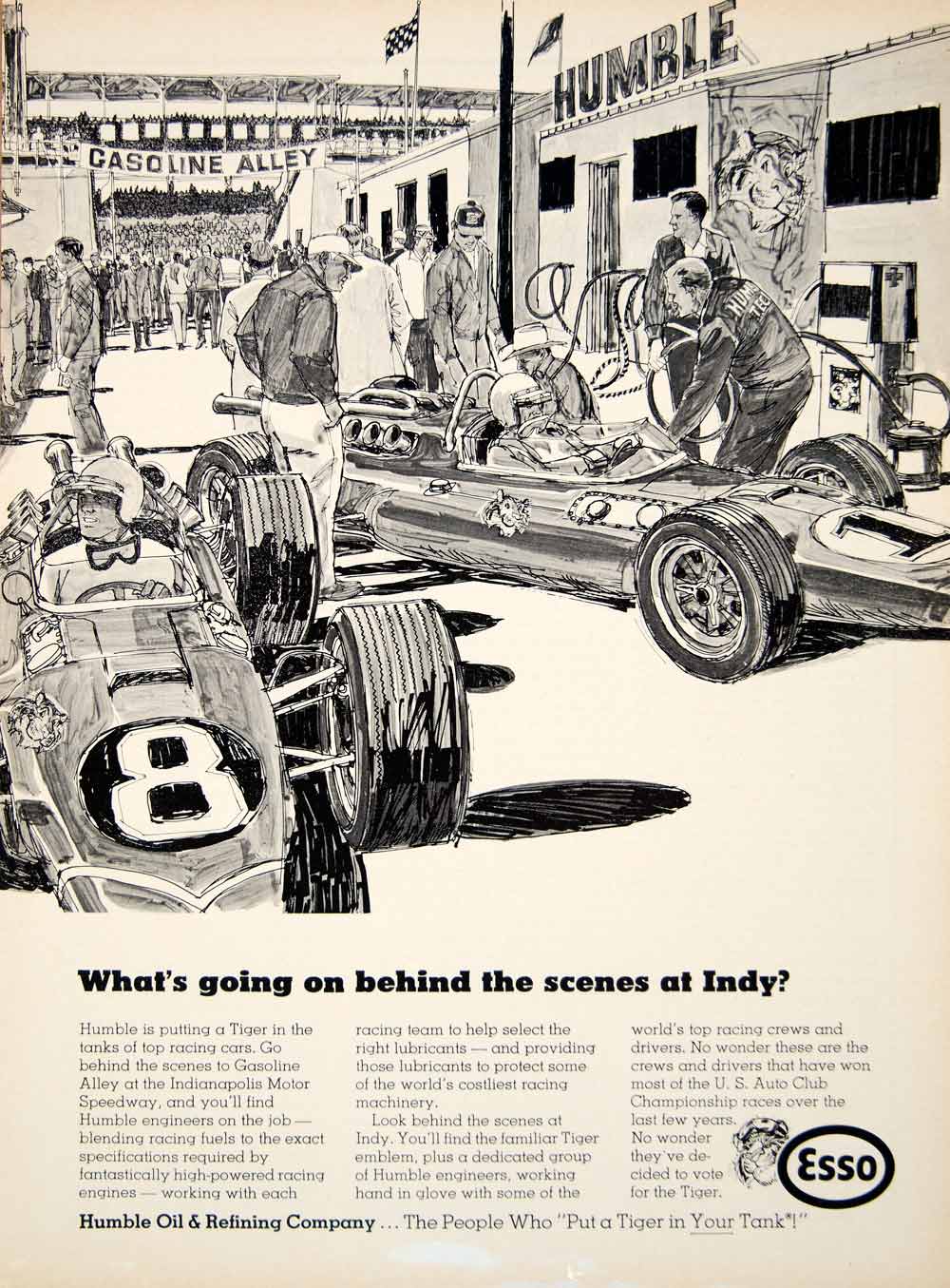 1968 Ad Humble Oil Refining Esso Motor Engine Race Fuel Pit Crew Drive ...