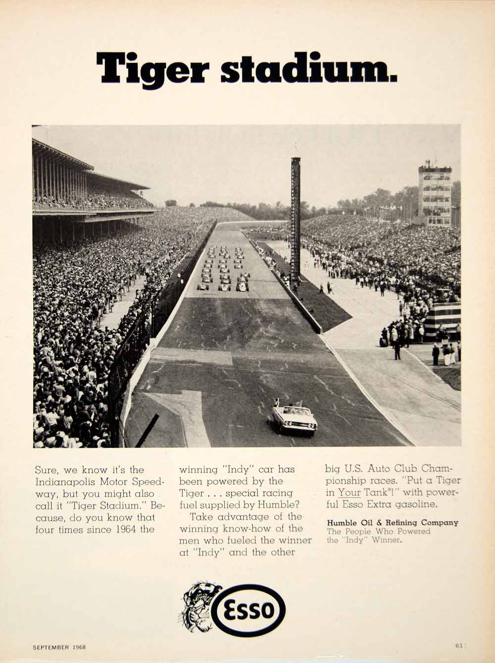 1968 Ad Tiger Stadium Humble Oil Esso Racing Fuel Indianapolis Motor Y ...