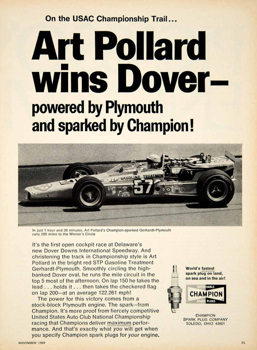 1969 Ad Champion Spark Plugs Art Pollard USAC Championship Race Car Dr ...