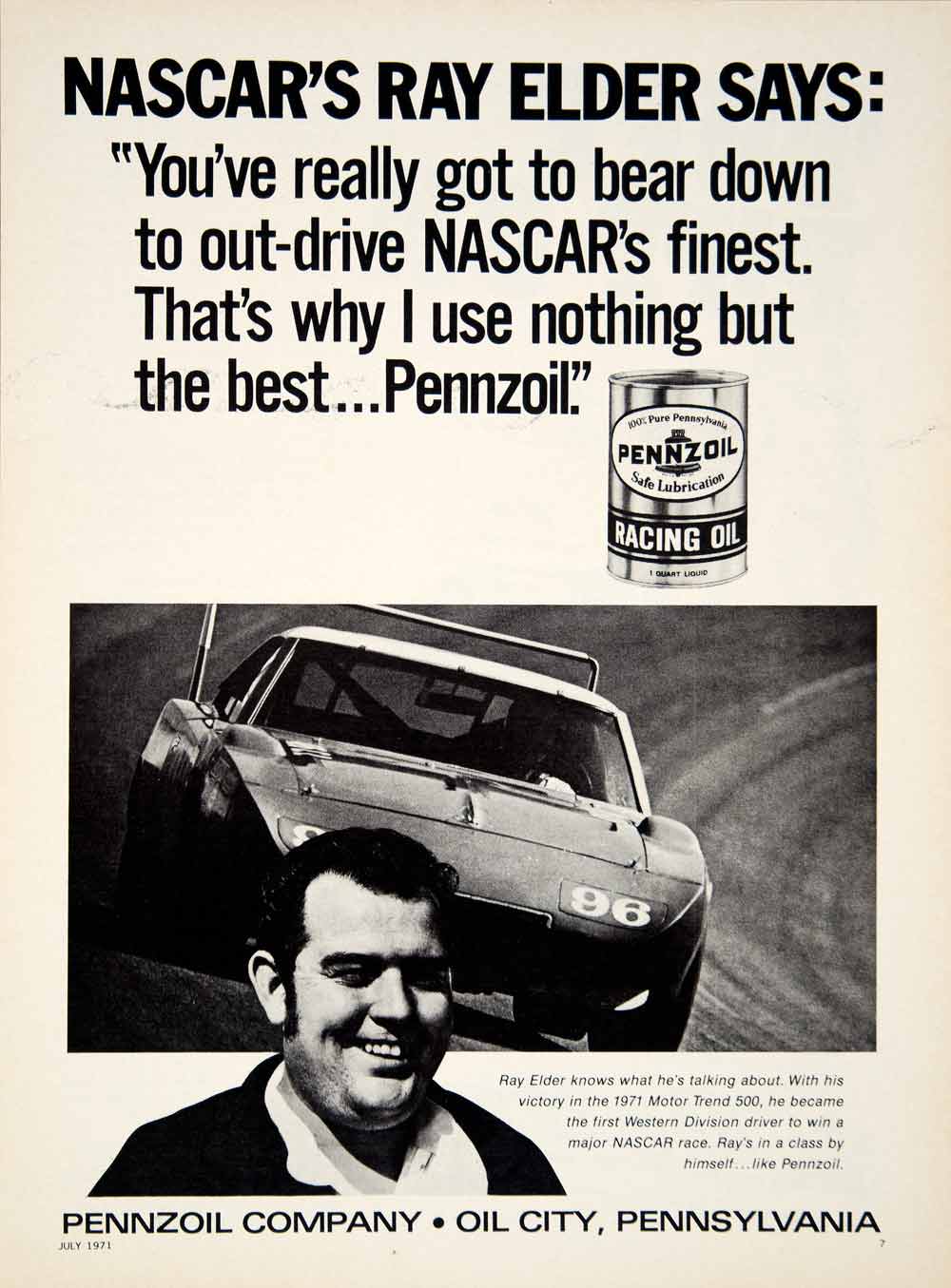 1971 Ad Pennzoil Racing Motor Oil Automotive Ray Elder NASCAR Motor Tr ...