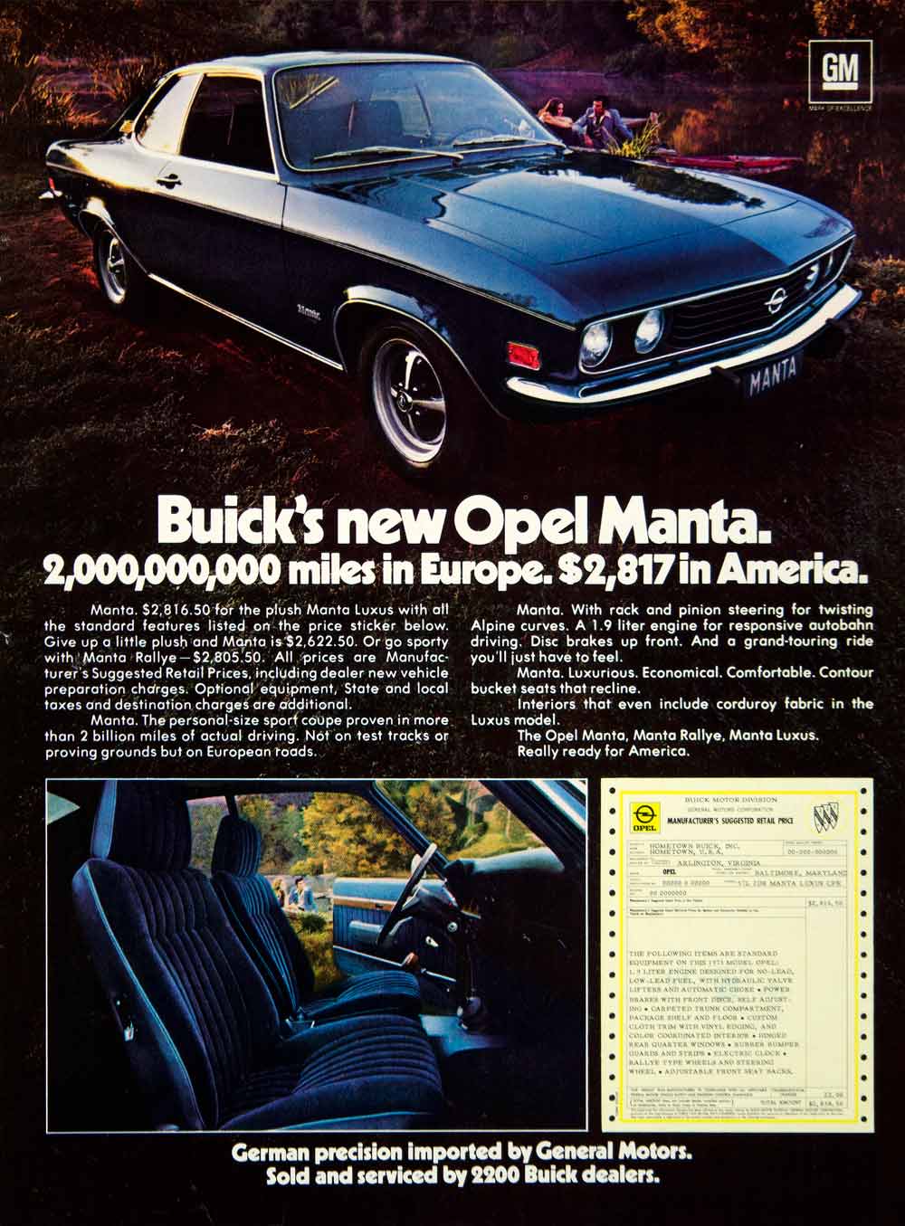 1973 Ad Buick Opel Manta A GM 2 Door Sports Coupe Car 1.9L Engine Inte ...