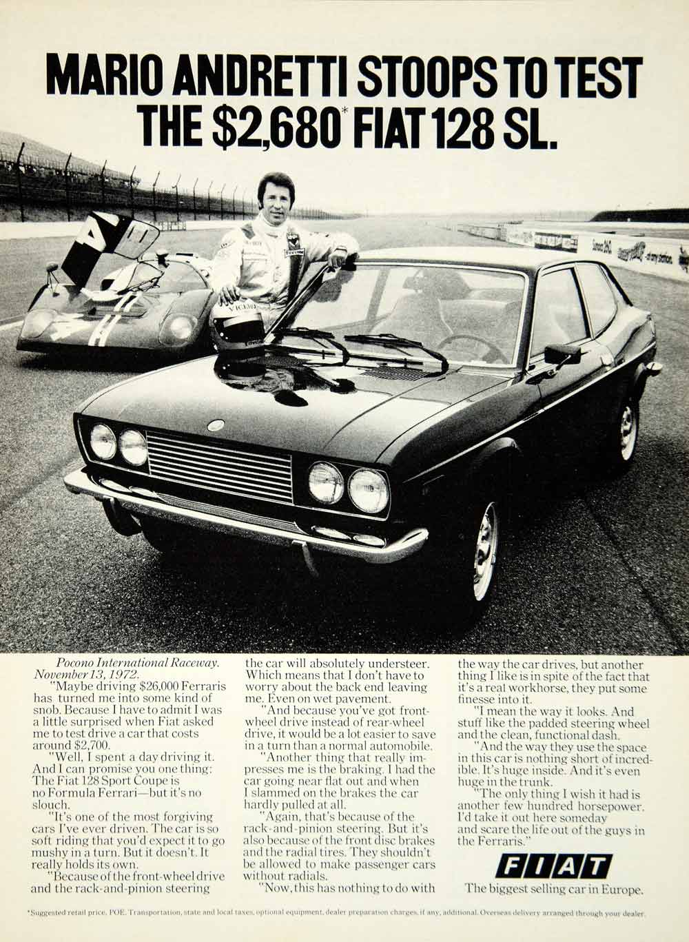 1973 Ad Fiat 128SL 2 Door Sport Coupe Import Car Mario Andretti Pocono ...