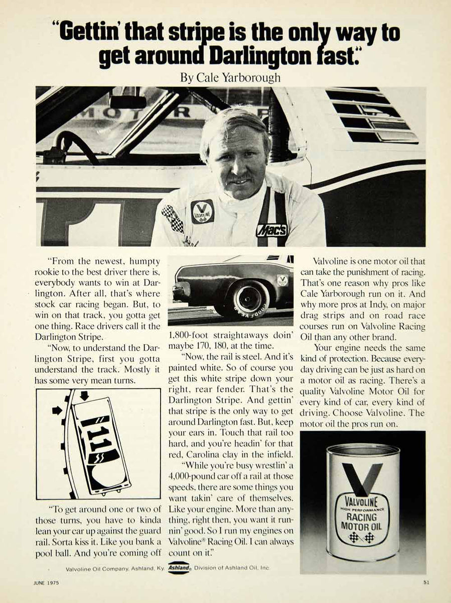 1975 Ad Valvoline Racing Motor Oil Cale Yarborough Darlington Stripe C ...