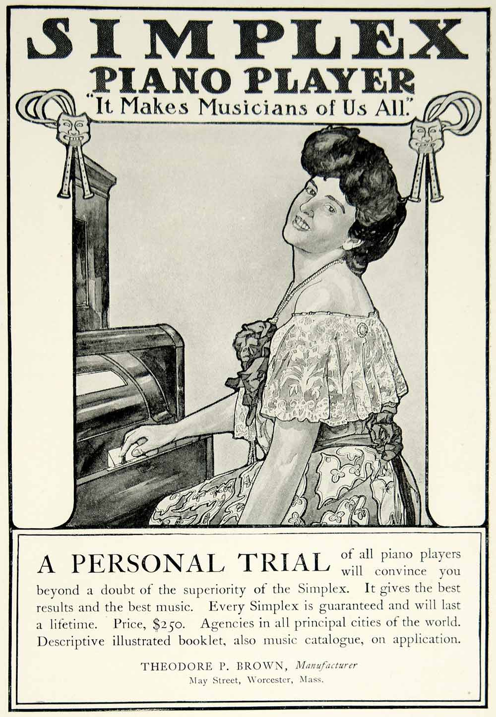 1903 Ad Theodore P Brown Simplex Piano Player Musical Instruments Art ...