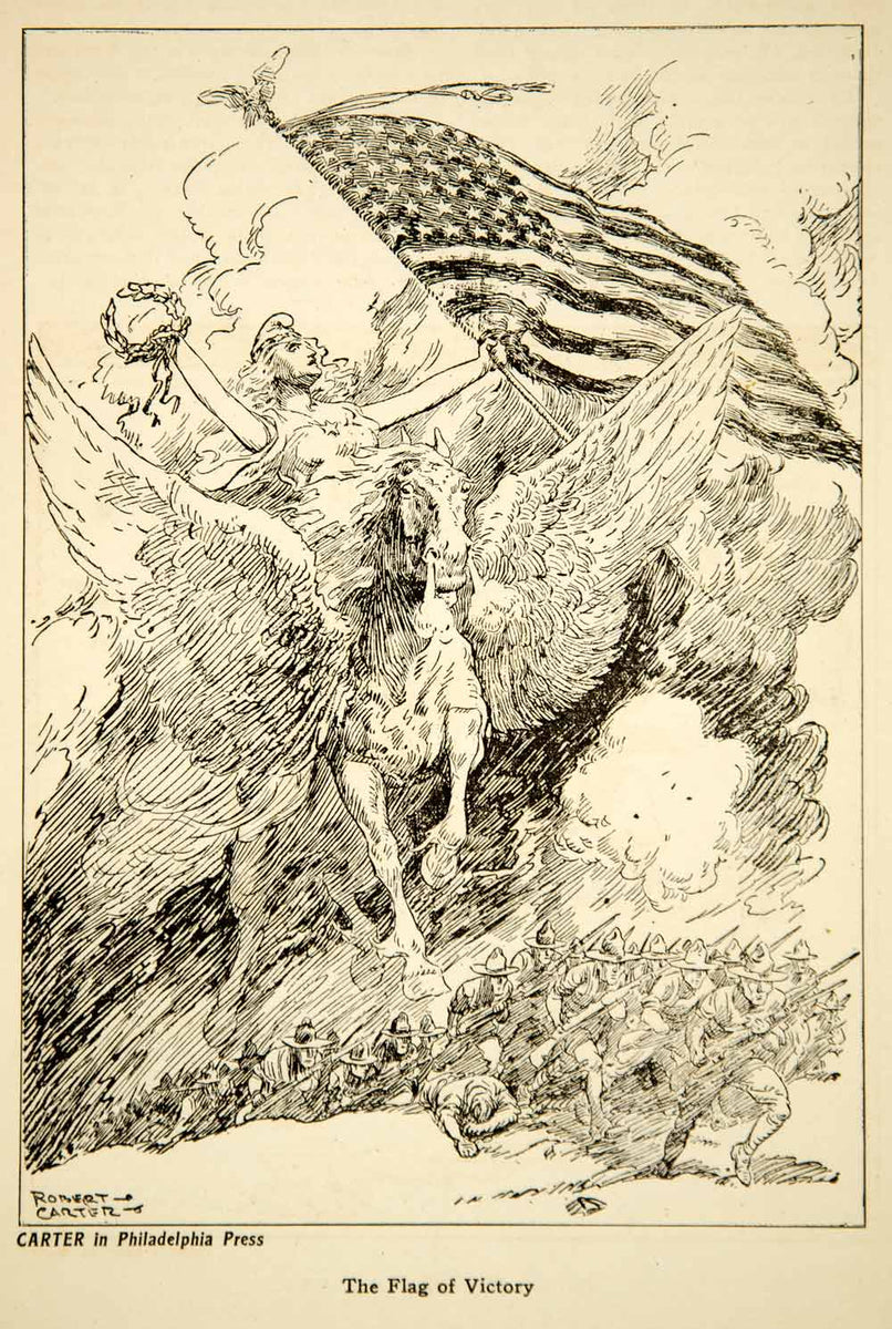 1917 Print WWI Cartoon Robert Carter American Flag Victory Winged Hors ...