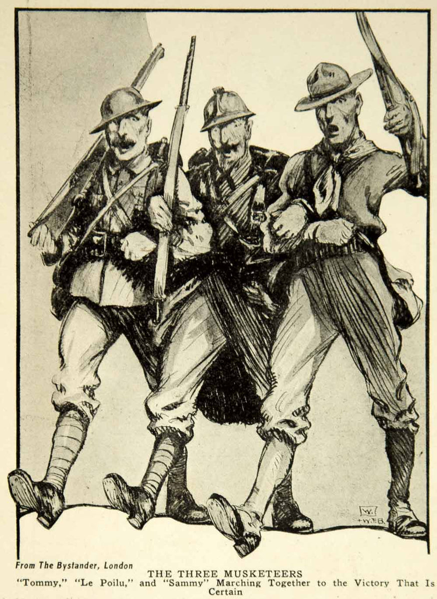 1917 Print World War I Cartoon Soldiers Allied Powers French American ...