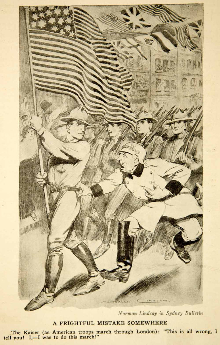 1917 Print World War I Cartoon Art Norman Lindsay American Flag Soldie ...