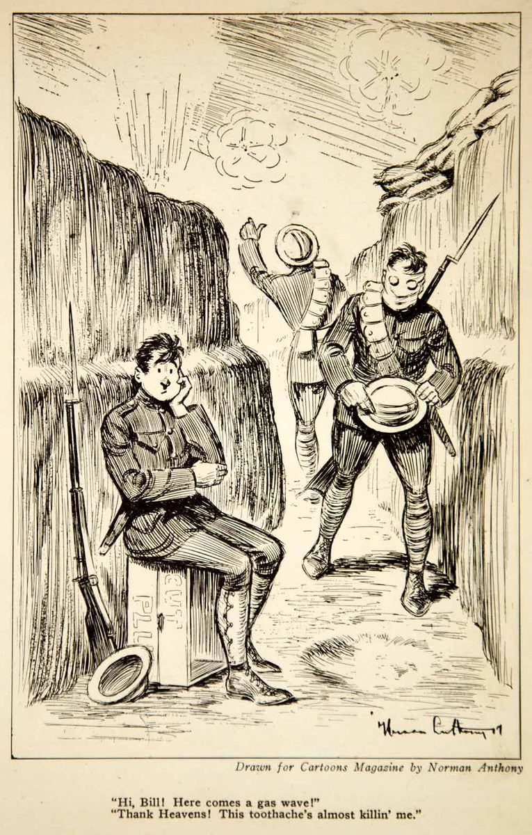1917 Print World War I Cartoon Norman Anthony Soldiers Trench Gas Warf ...