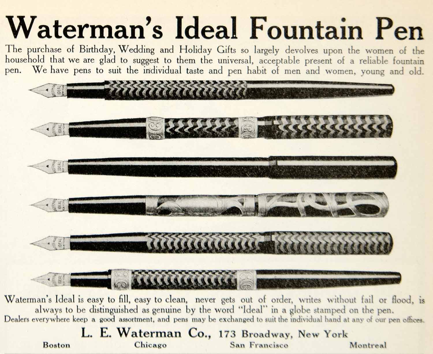 1905 Ad LE Waterman Ideal Fountain Pen 173 Broadway New York Gift Writ ...